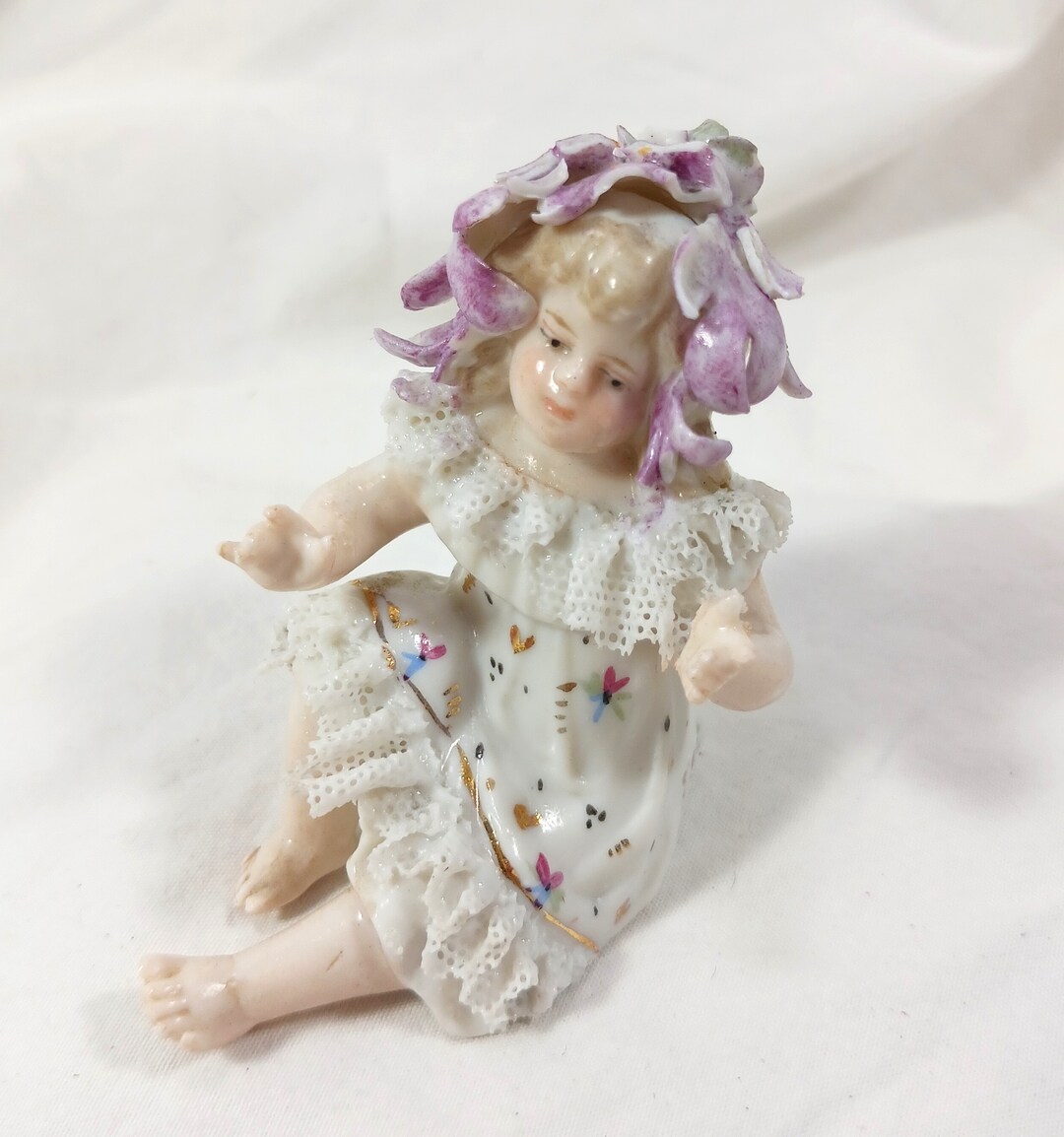 Antique German Lace Porcelain Ceramic Doll Sitting Girl Purple Flower ...