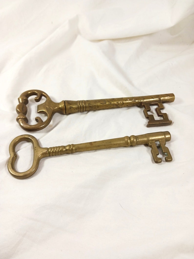 Set of 2 VTG Large Brass Skeleton Keys, 1-complex Door Key Etched ...