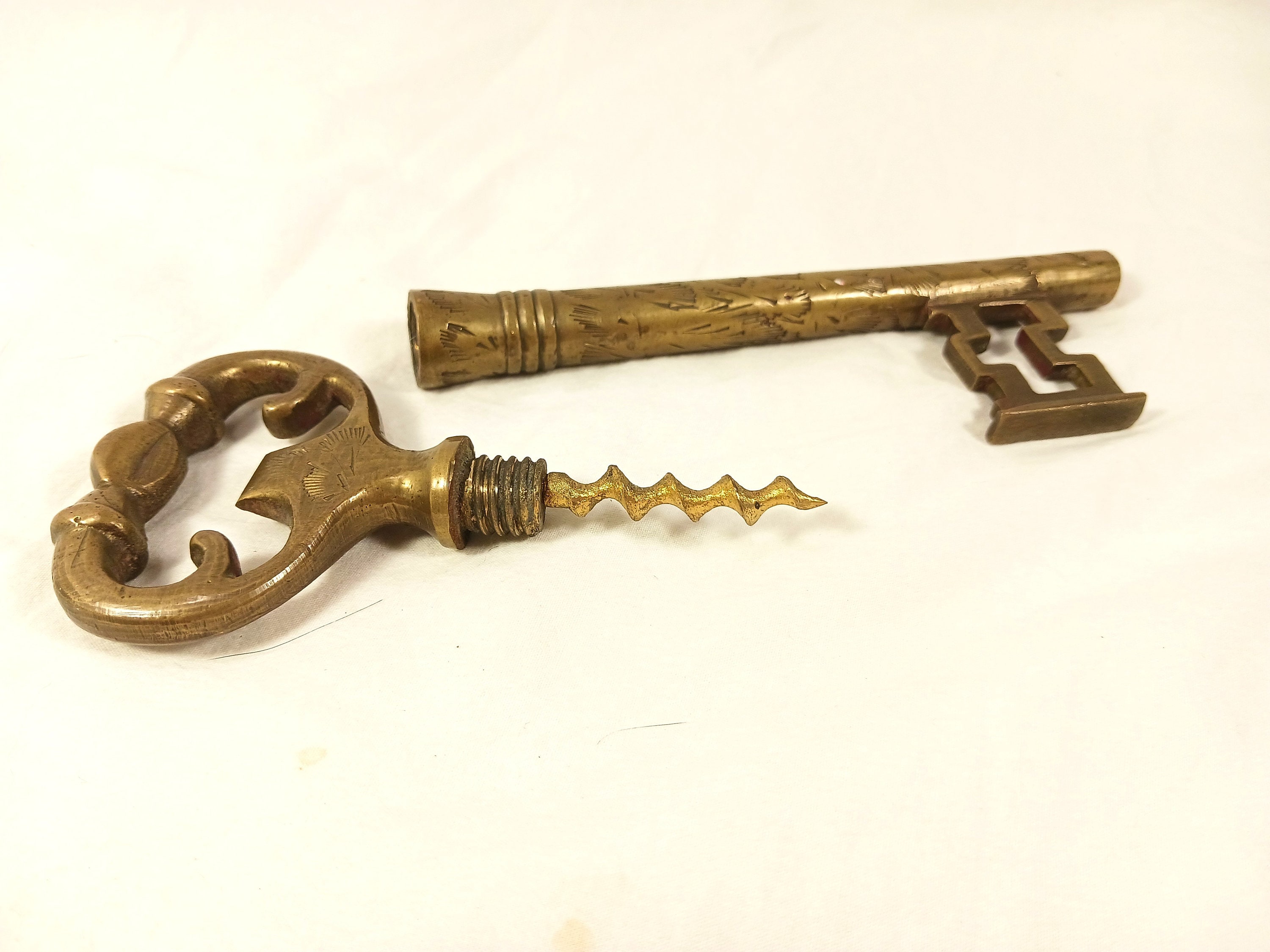 Set of 2 VTG Large Brass Skeleton Keys, 1-complex Door Key Etched ...