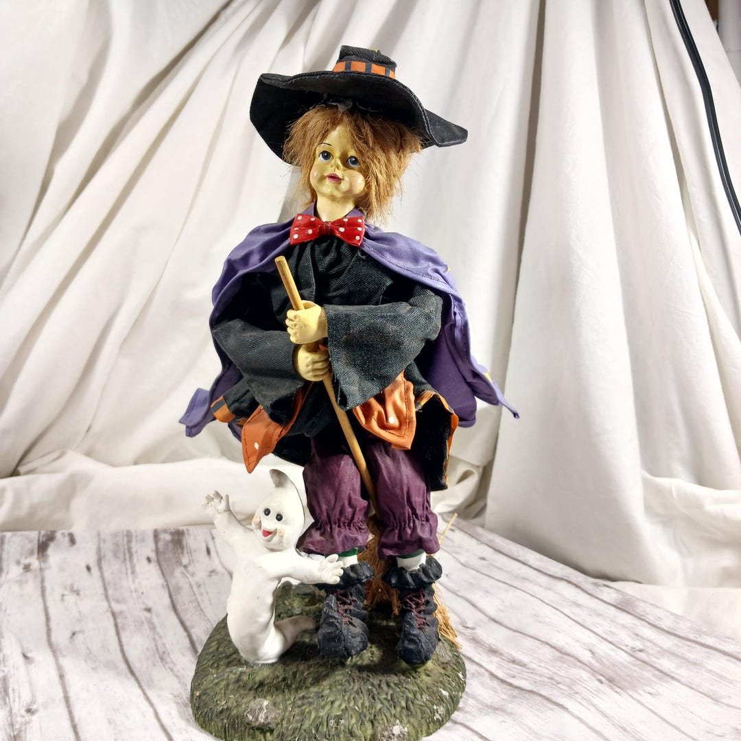 Vintage Paper Mache Flying Witch on Broom Purple Cape Black Hat White ...