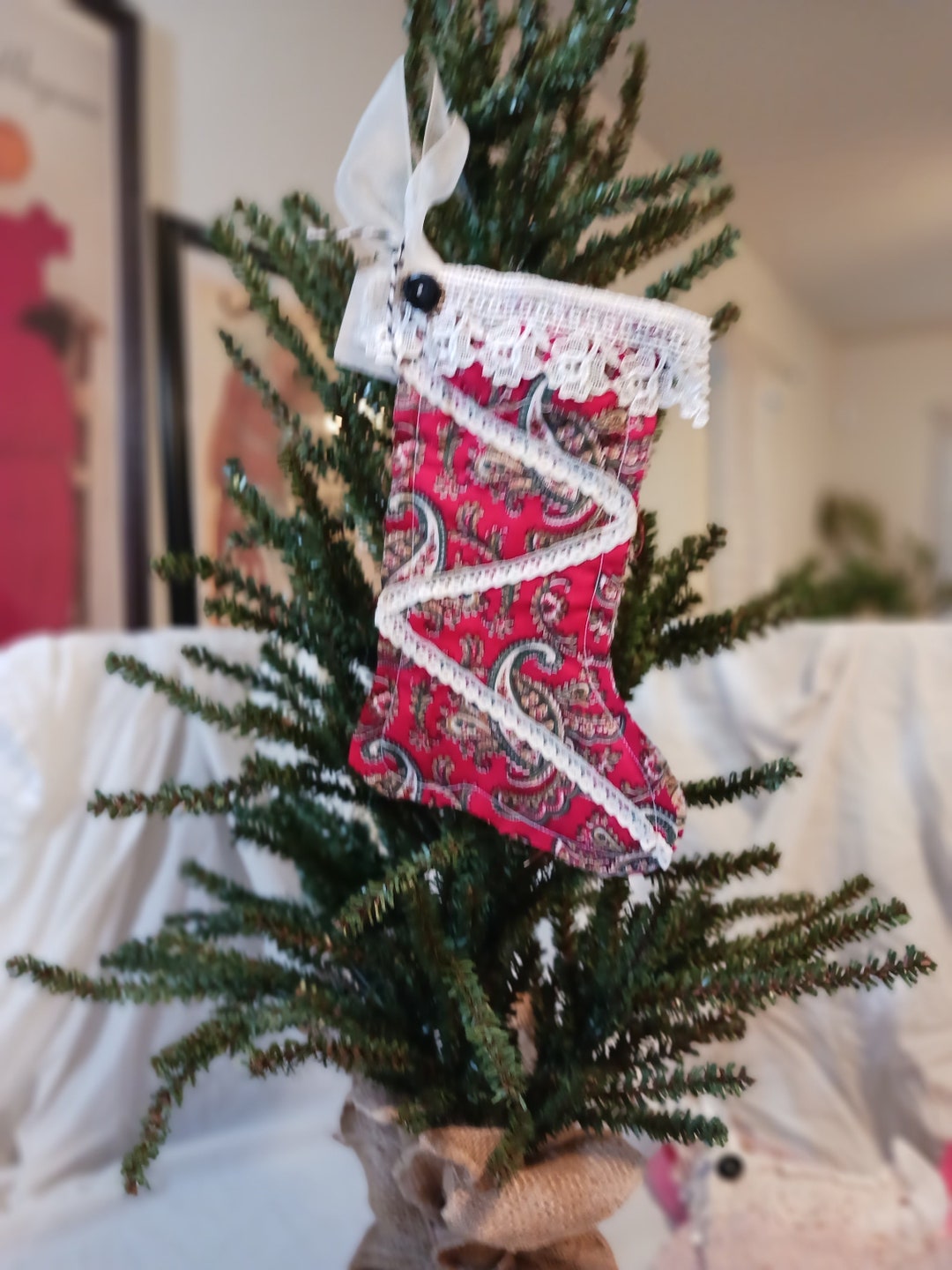 Red and Green Paisley Fabric and Lace Shabby Chic Christmas Tree ...