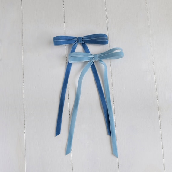 Blue Velvet Skinny Long Tail Bow | Hair Ribbon | Velvet Ribbon | Hair ...