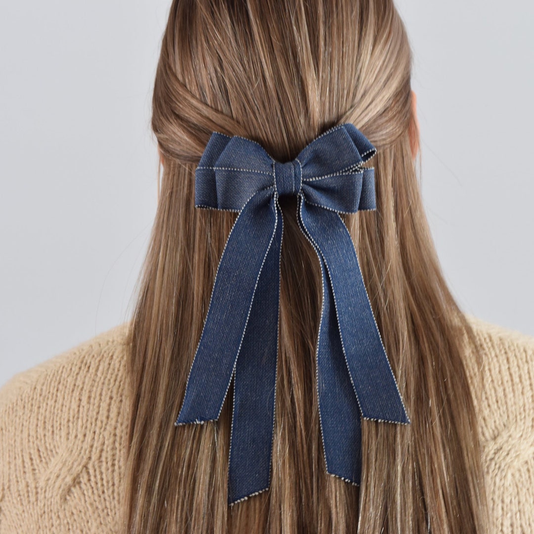 Denim Hair Bow, Hair Bows, Hair Bows for Women, Ribbon Hair Bow, Long ...