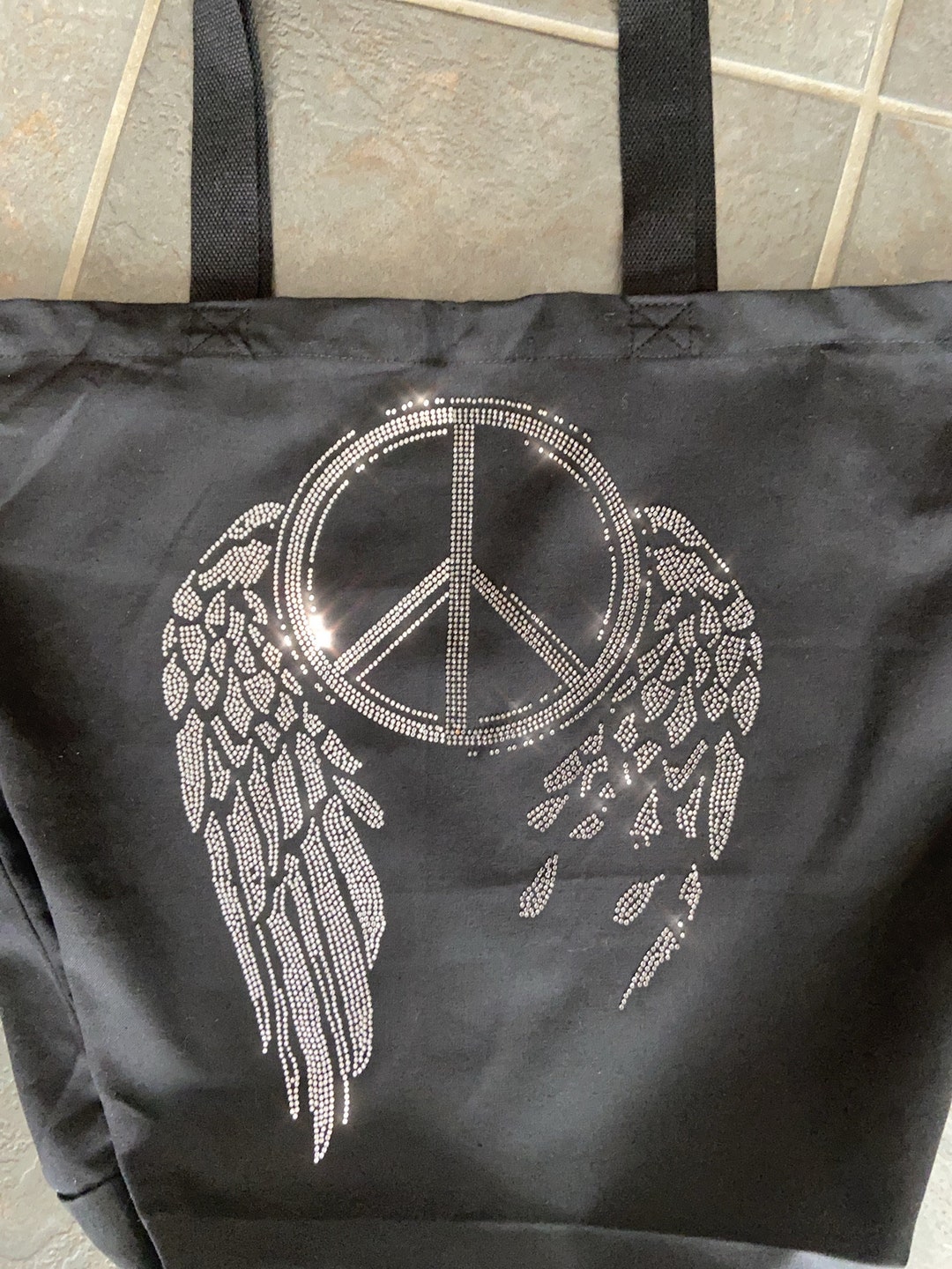 Sparkle Tote Bag, Rhinestone Peace Sign With Wings, Beach Bag, on Sale ...