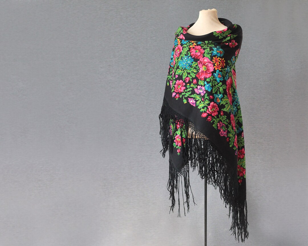 Black East European Shawl, Hand Block Printed Floral Wool Throw With ...
