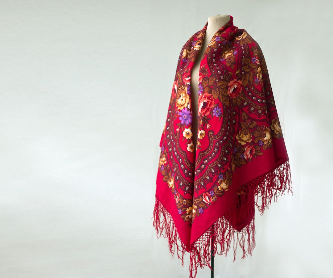 Ships From the US Dark Red Russian Shawl, Rich Red Shawl With Coral ...
