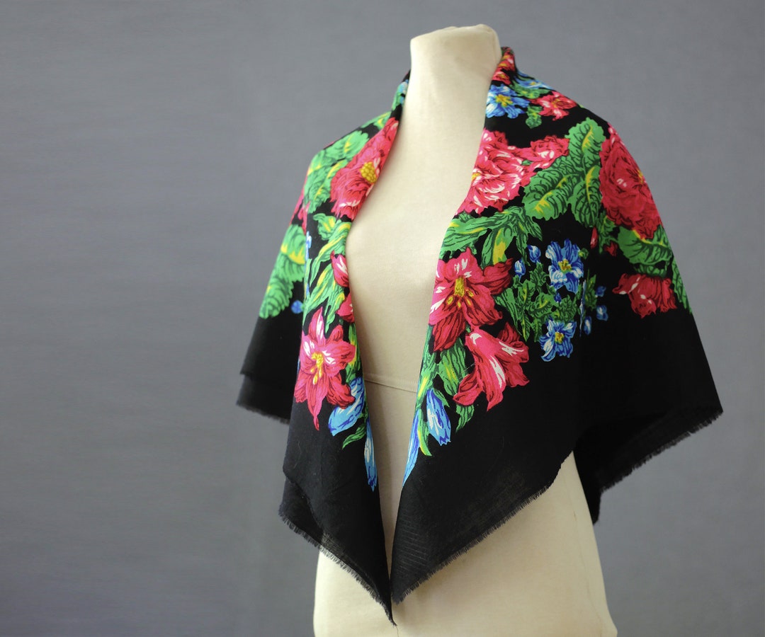 Slavic Scarf With Pink Roses, Slavic Folk Art, Square Wool Scarf ...