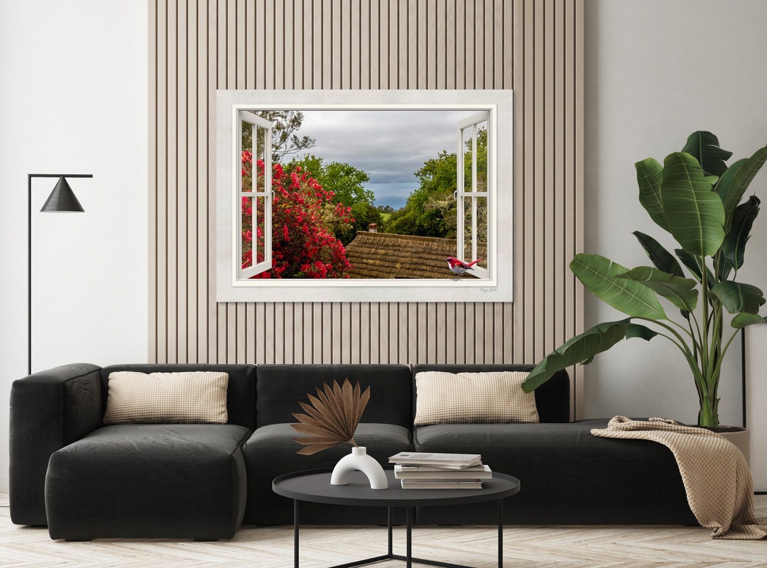 Red Blossom Tree Window View Printed on Canvas, Landscape Wall Hanging ...