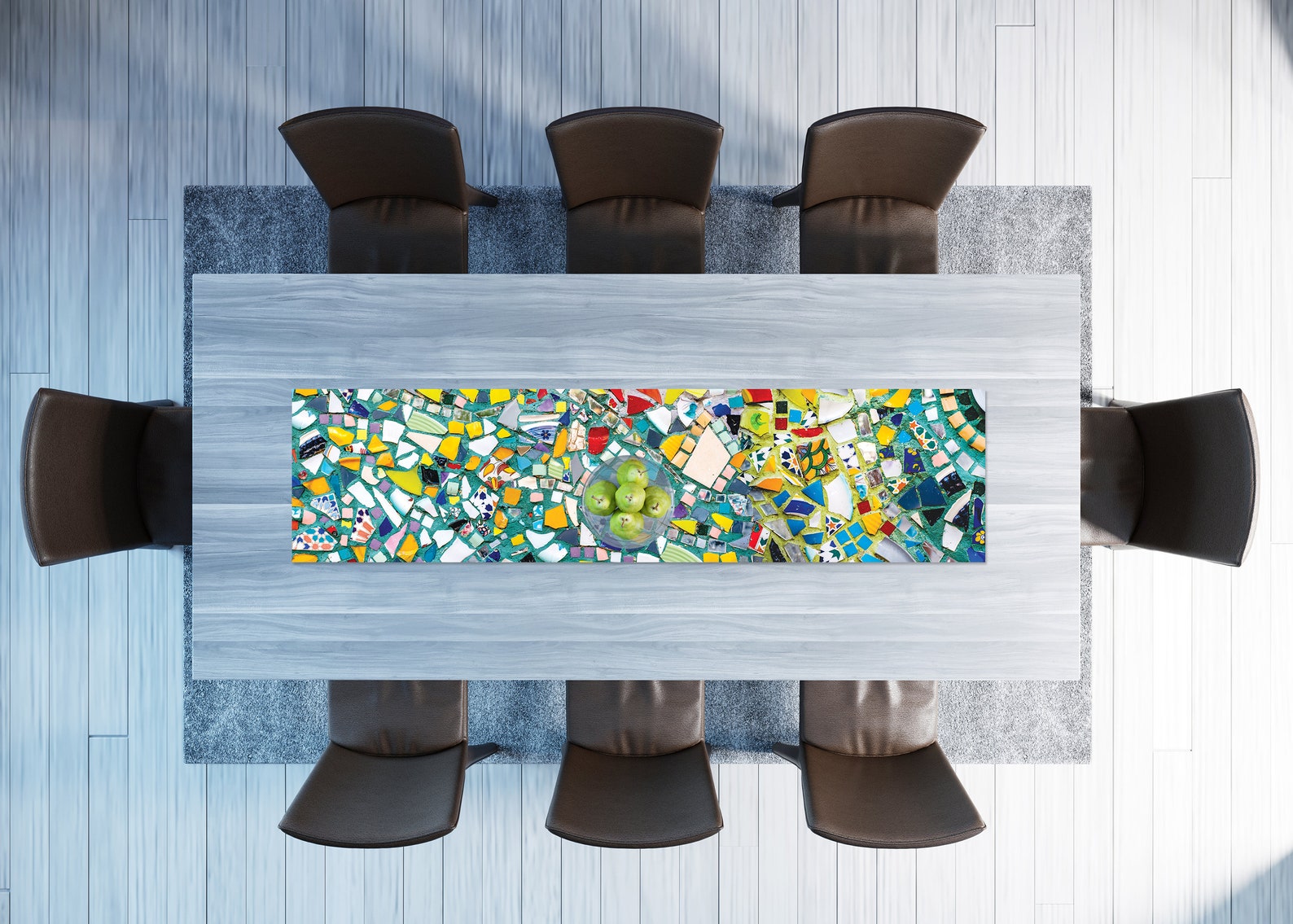 Colorful Mosaic Print on Cotton Twill Table Runner, Teal Color Long ...