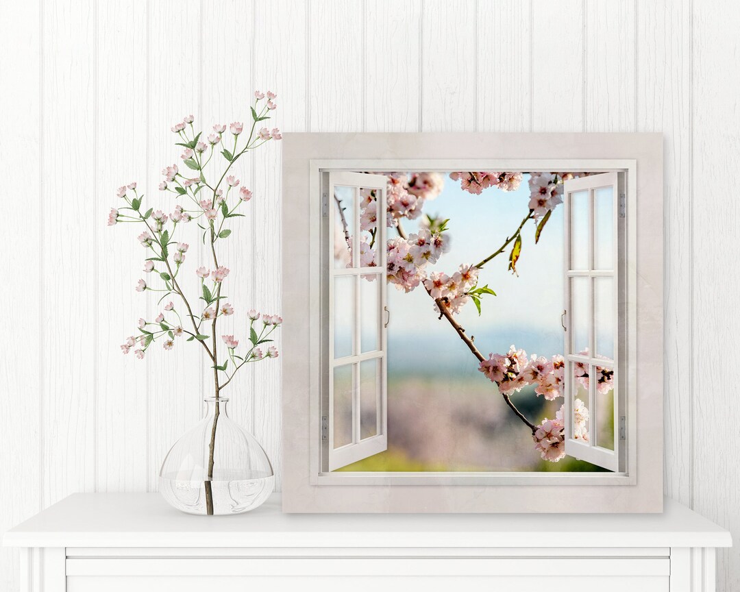 Pink Blossom Window View Canvas Art - Floral Wall Art, Ready to Hang ...