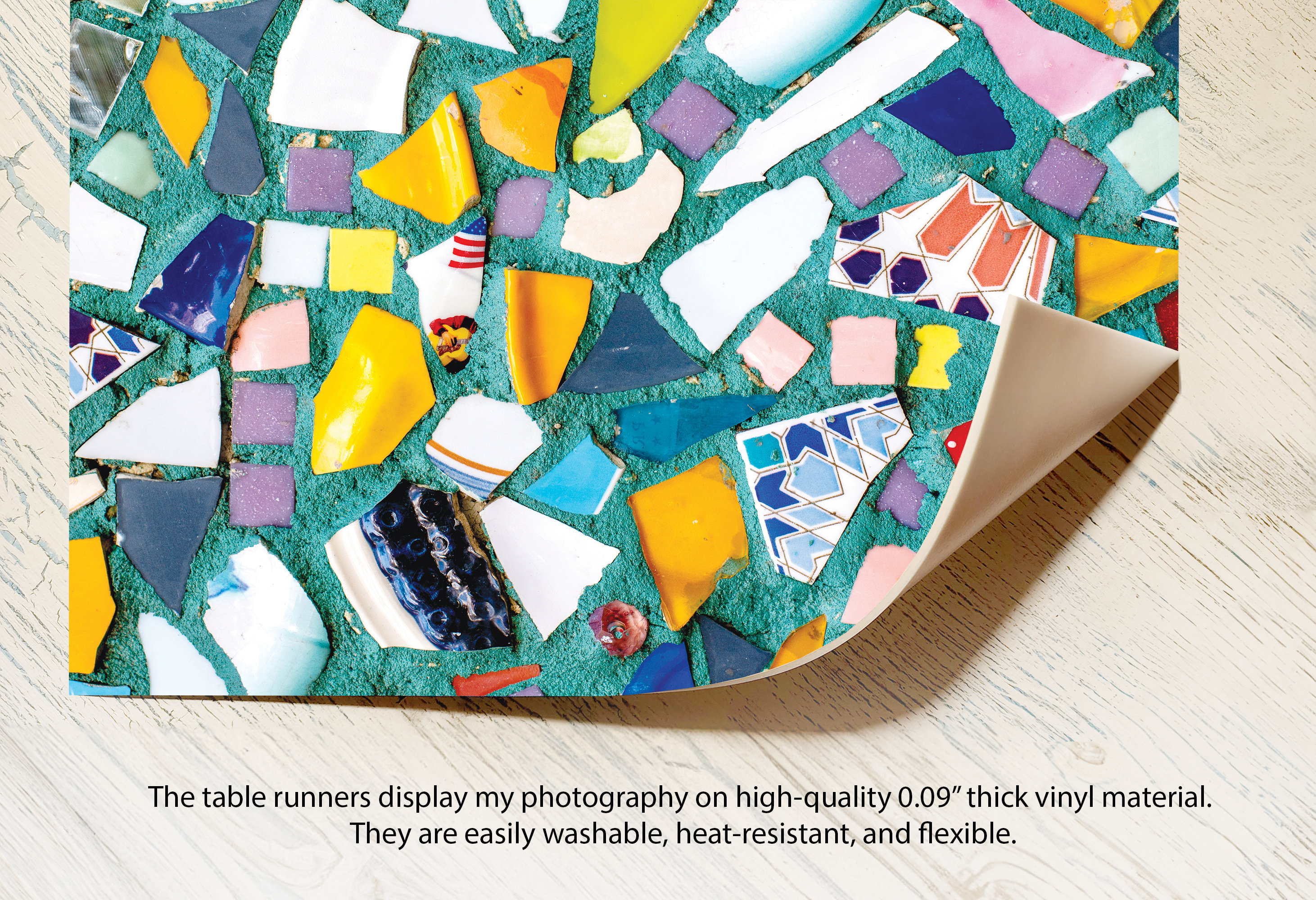 Colorful Mosaic Print on Cotton Twill Table Runner, Teal Color Long ...