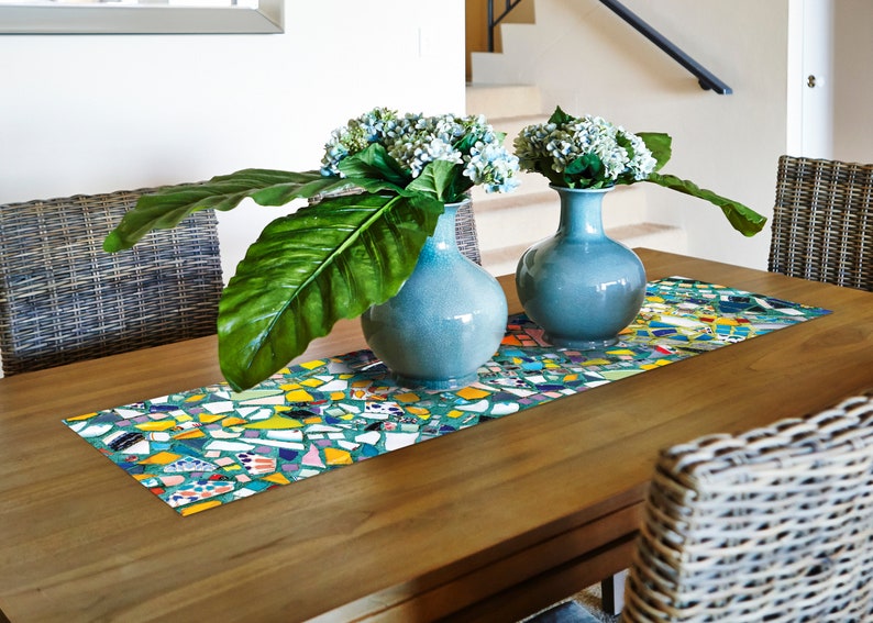 Colorful Mosaic Print on Cotton Twill Table Runner, Teal Color Long ...