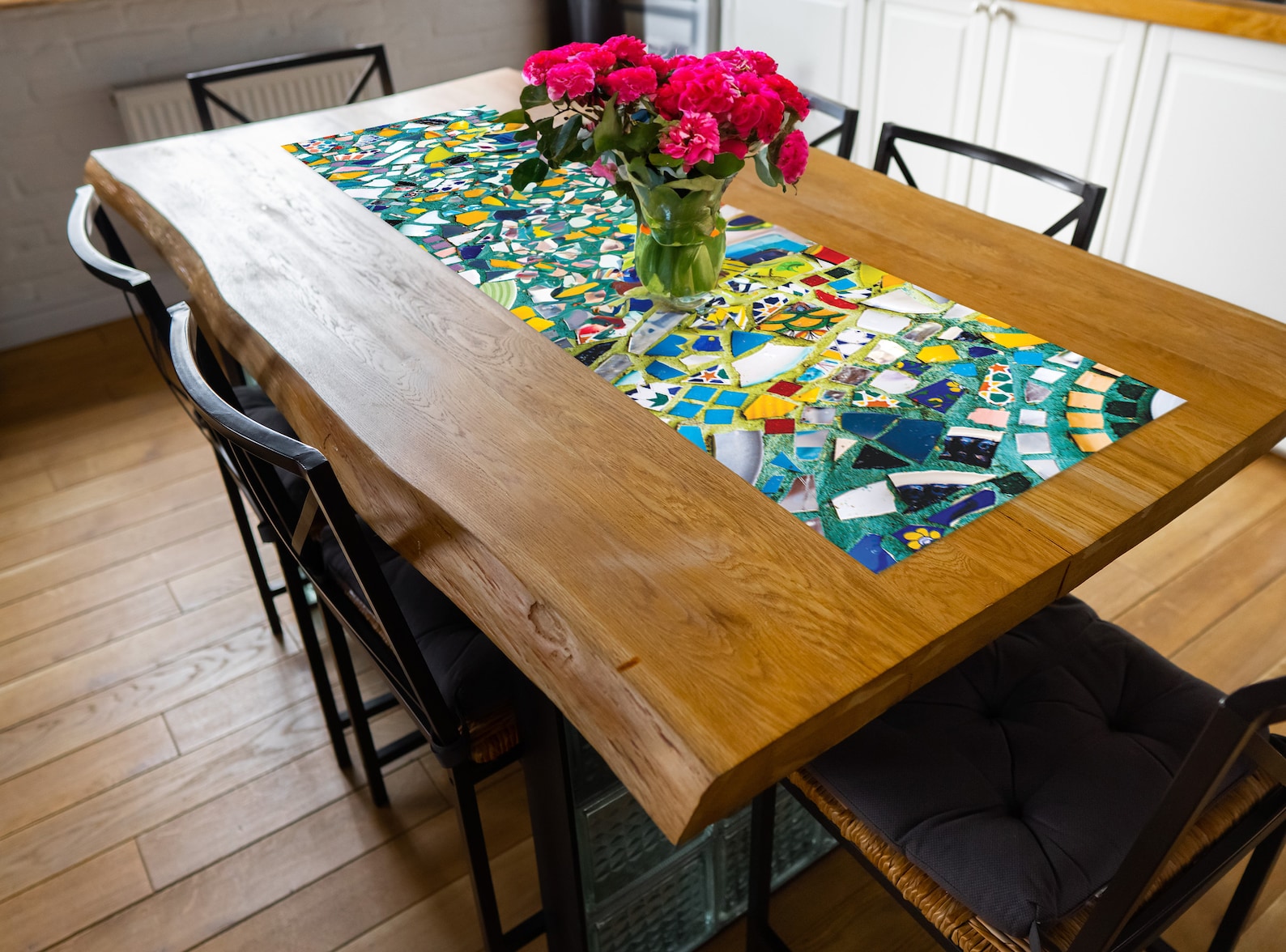Colorful Mosaic Print on Cotton Twill Table Runner, Teal Color Long ...