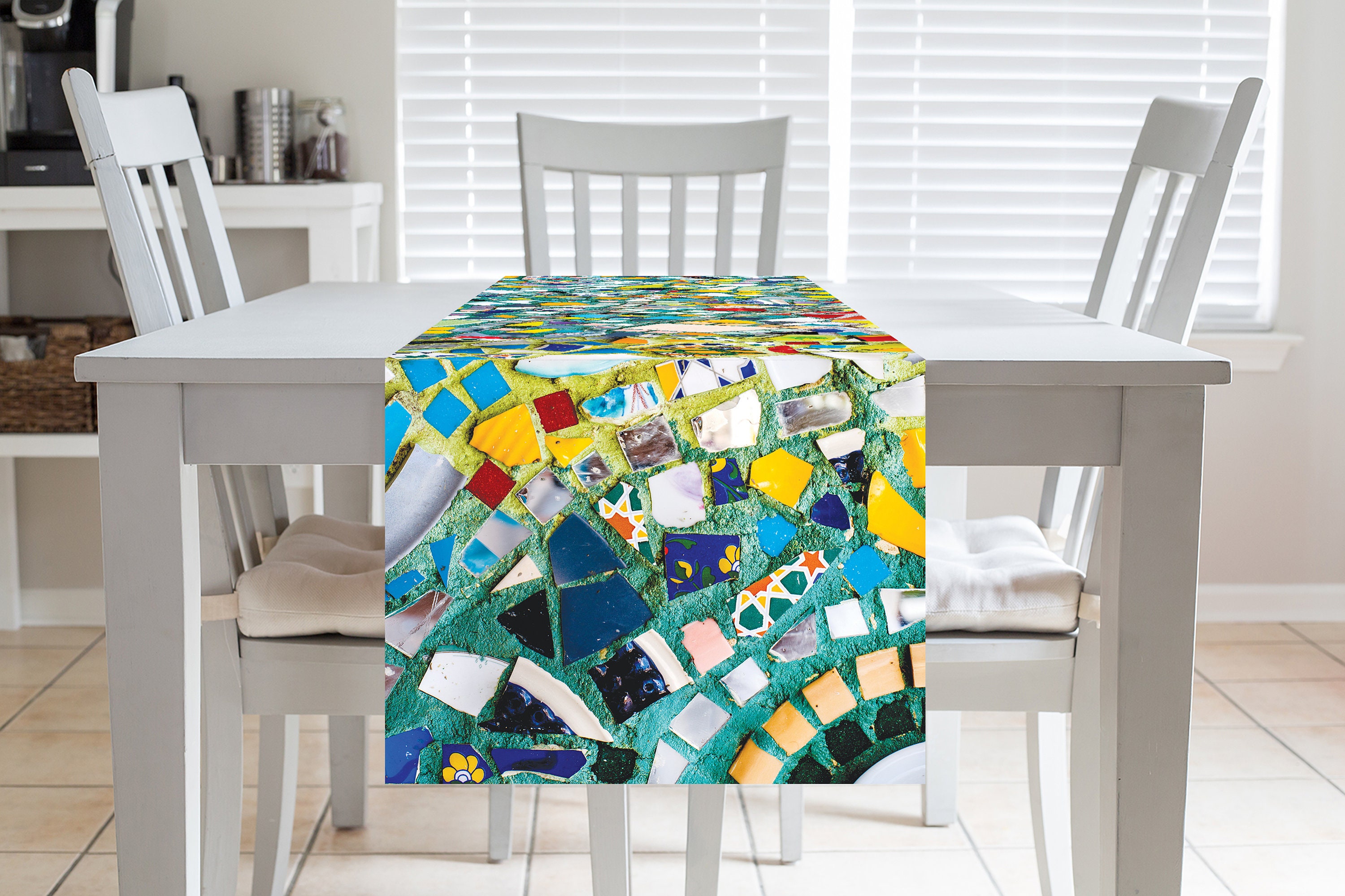 Colorful Mosaic Print on Cotton Twill Table Runner, Teal Color Long ...