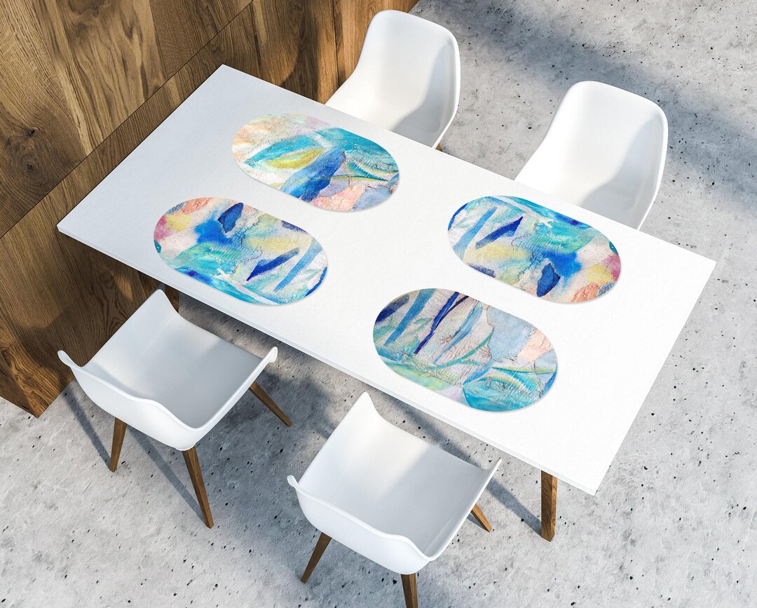 Oval Blue Abstract Placemats - Durable Vinyl Table Mats for Dining and ...