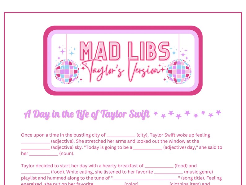 Taylor Swift Party Mad Libs - Etsy