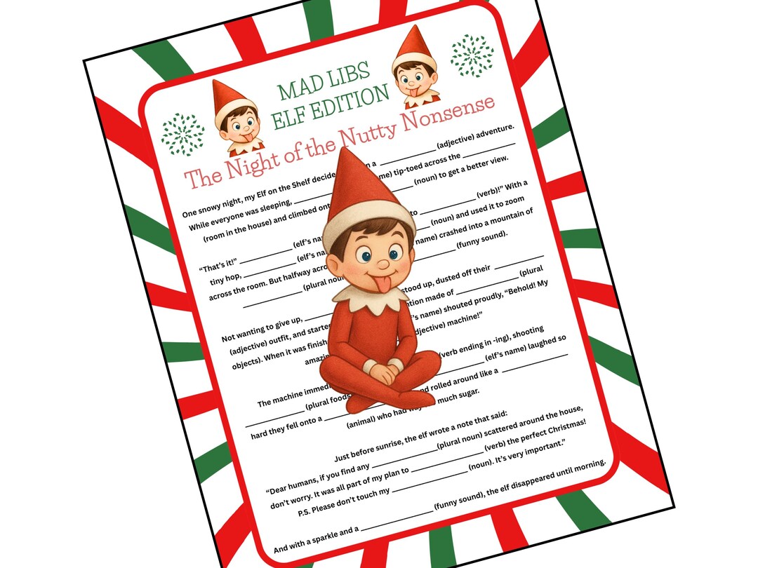Elf Themed Madlib- Elf Activity for Big Kids- the Night of the Nutty ...