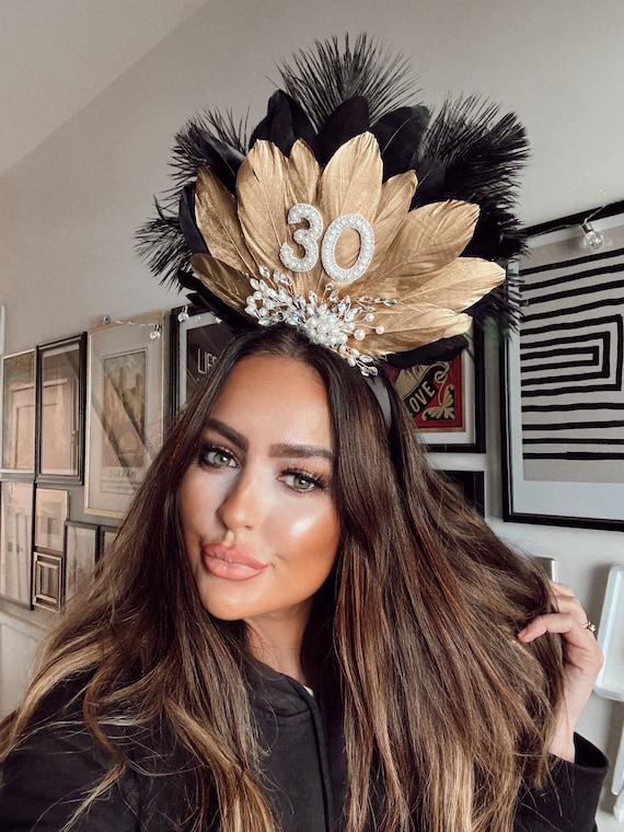 Black 30th Birthday Headband 30th Birthday Crown Rip 20s 40th Headband Huge Gold and Black Featival Gatsby Feather Headband Etsy UK