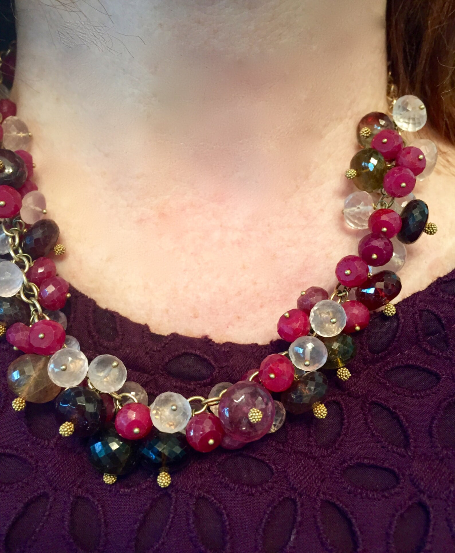 Tourmaline Ruby Statement Necklace, Ruby Rose Quartz Cluster Necklace ...