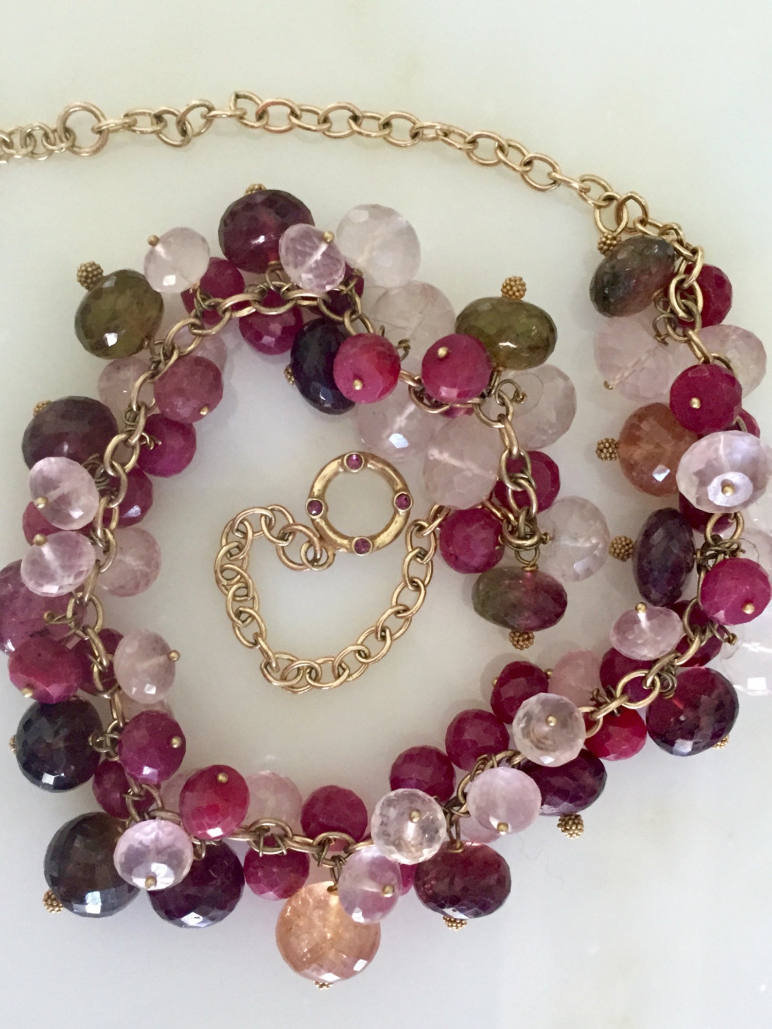 Tourmaline Ruby Statement Necklace, Ruby Rose Quartz Cluster Necklace ...