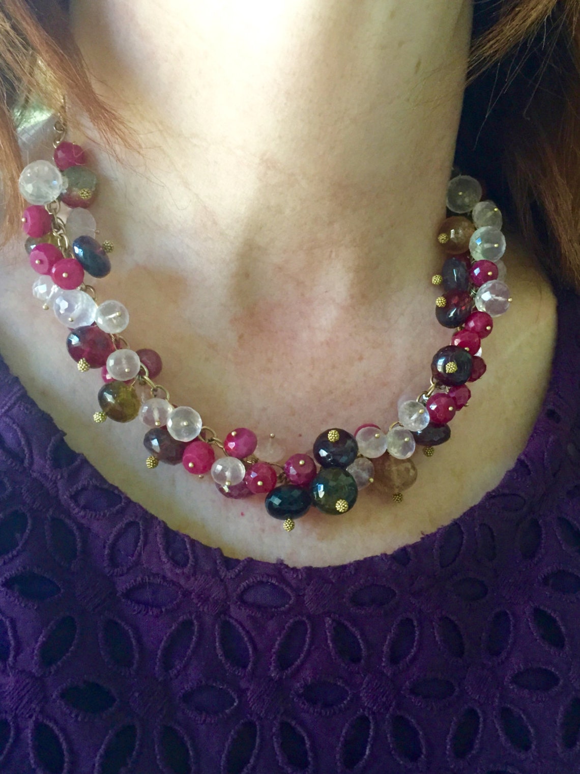 Tourmaline Ruby Statement Necklace, Ruby Rose Quartz Cluster Necklace ...