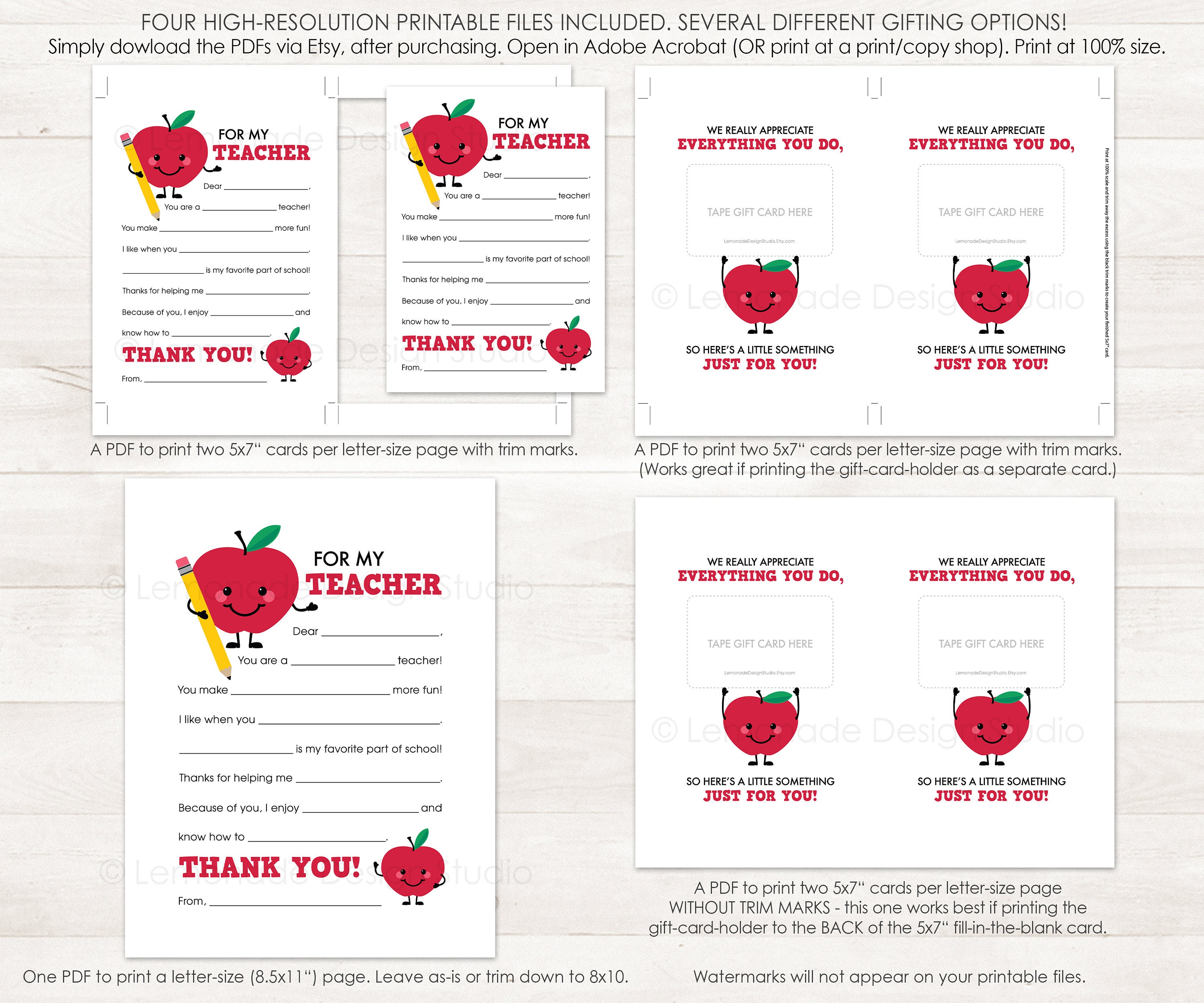 Teacher Appreciation PRINTABLE End of Year Teacher Gift Card Holder ...