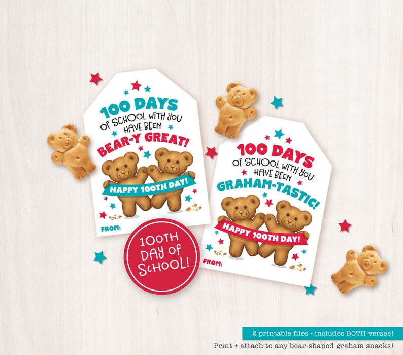 Printable 100 Days of School Tags 100th Day Printable Teddy - Etsy