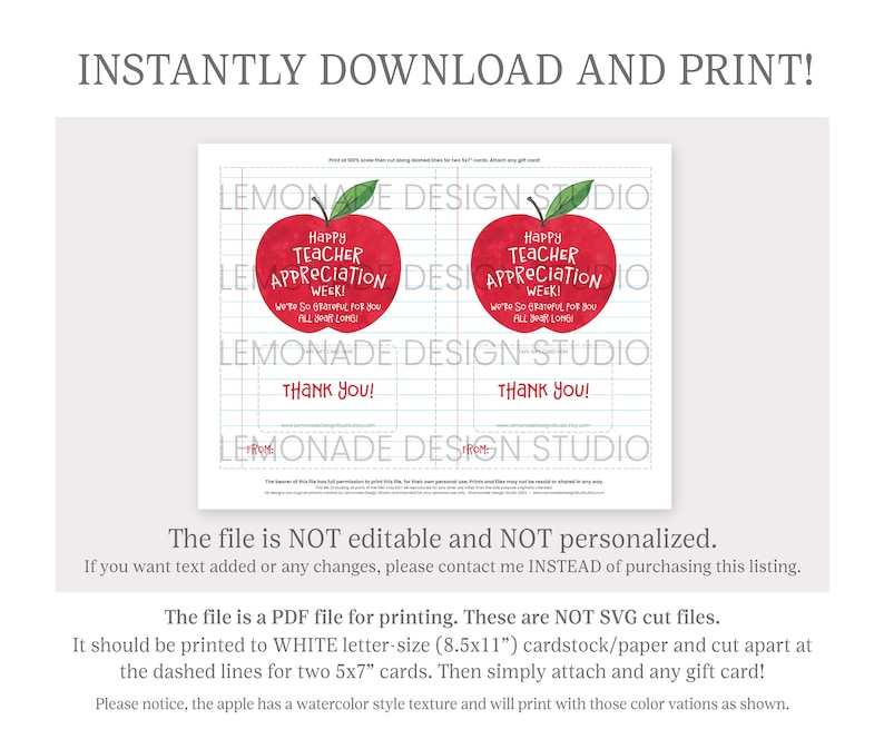 Teacher Appreciation Week Gift PRINTABLE Gift Card Holder Teacher Thank ...