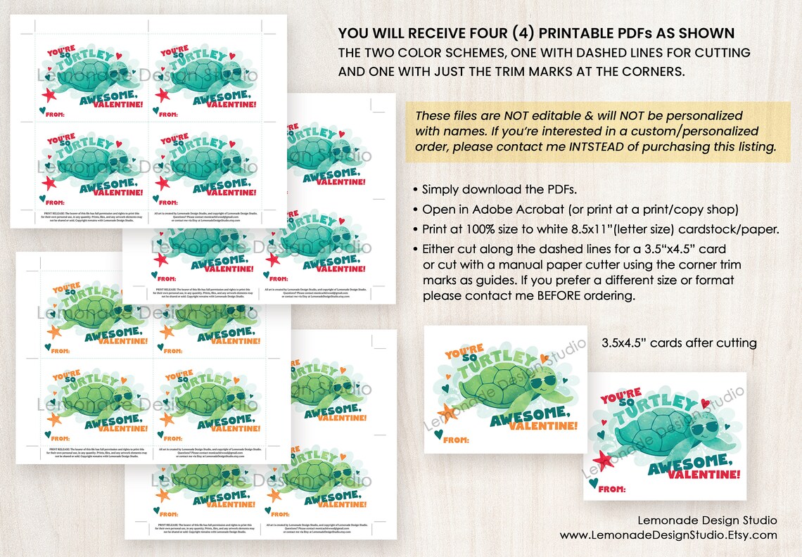 PRINTABLE Turtle Valentine's Cards for Kids Turtle Valentines Classroom ...
