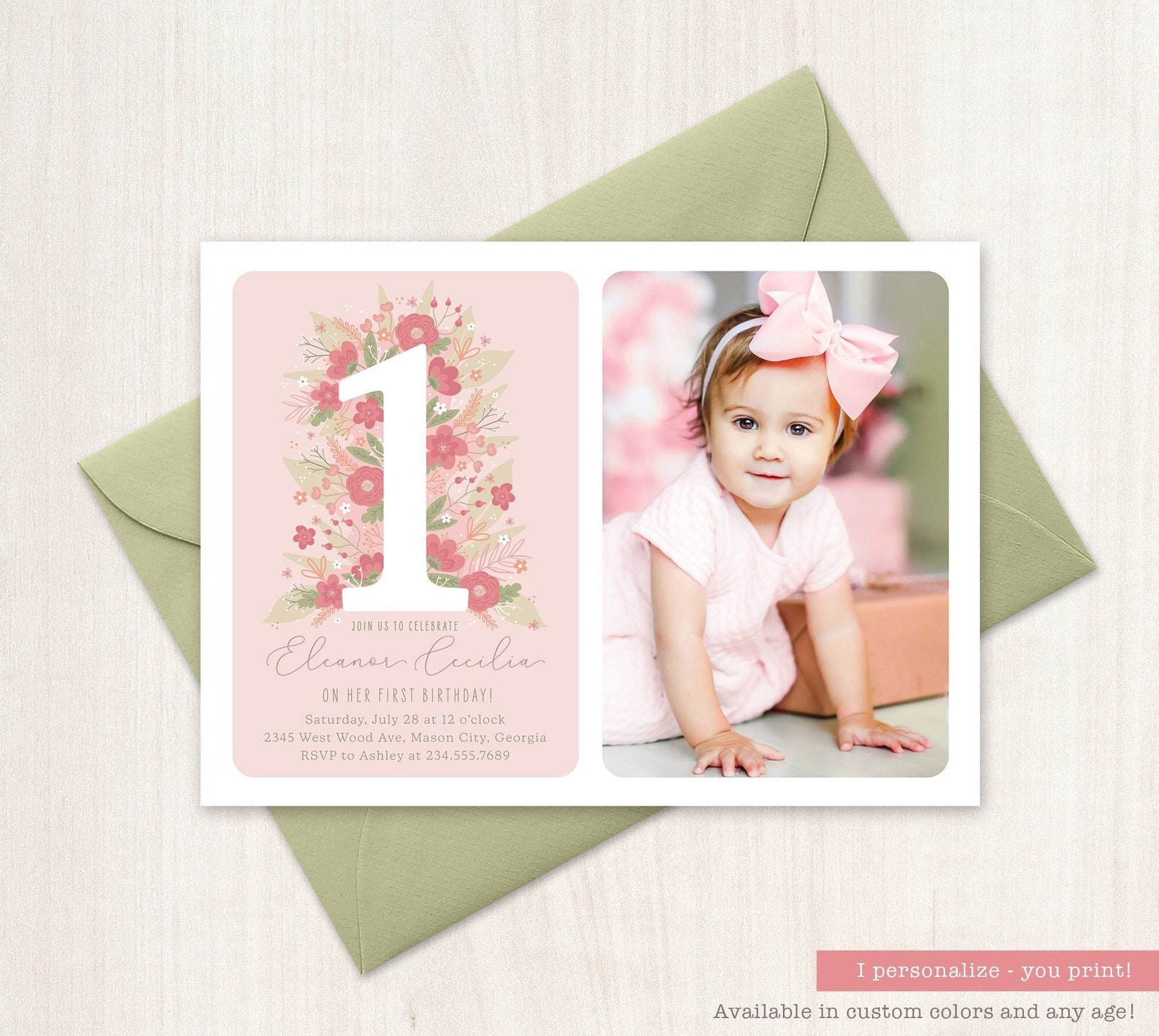 Printable 1st Birthday Invitation Girl Birthday Invite - Etsy