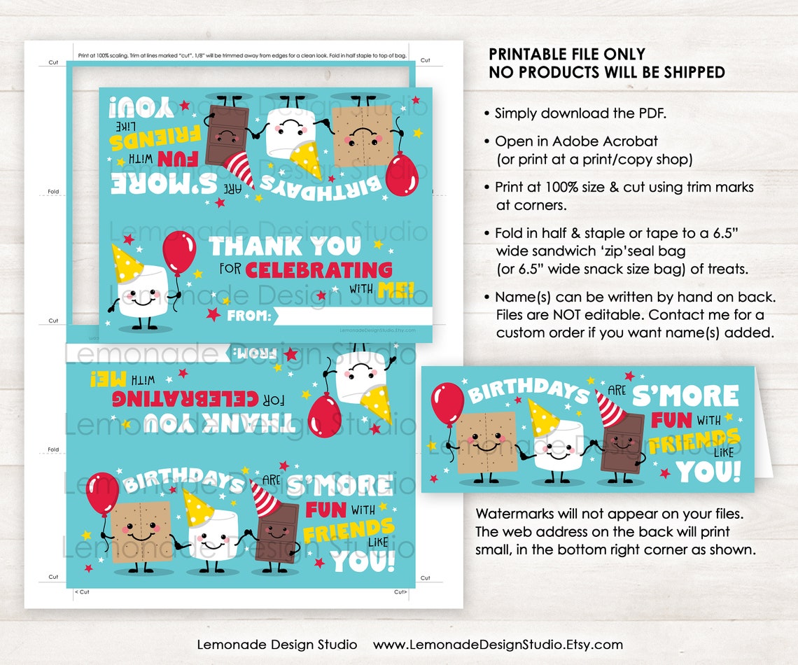 PRINTABLE Birthday Smores Tags S'mores Treat Tags - Etsy
