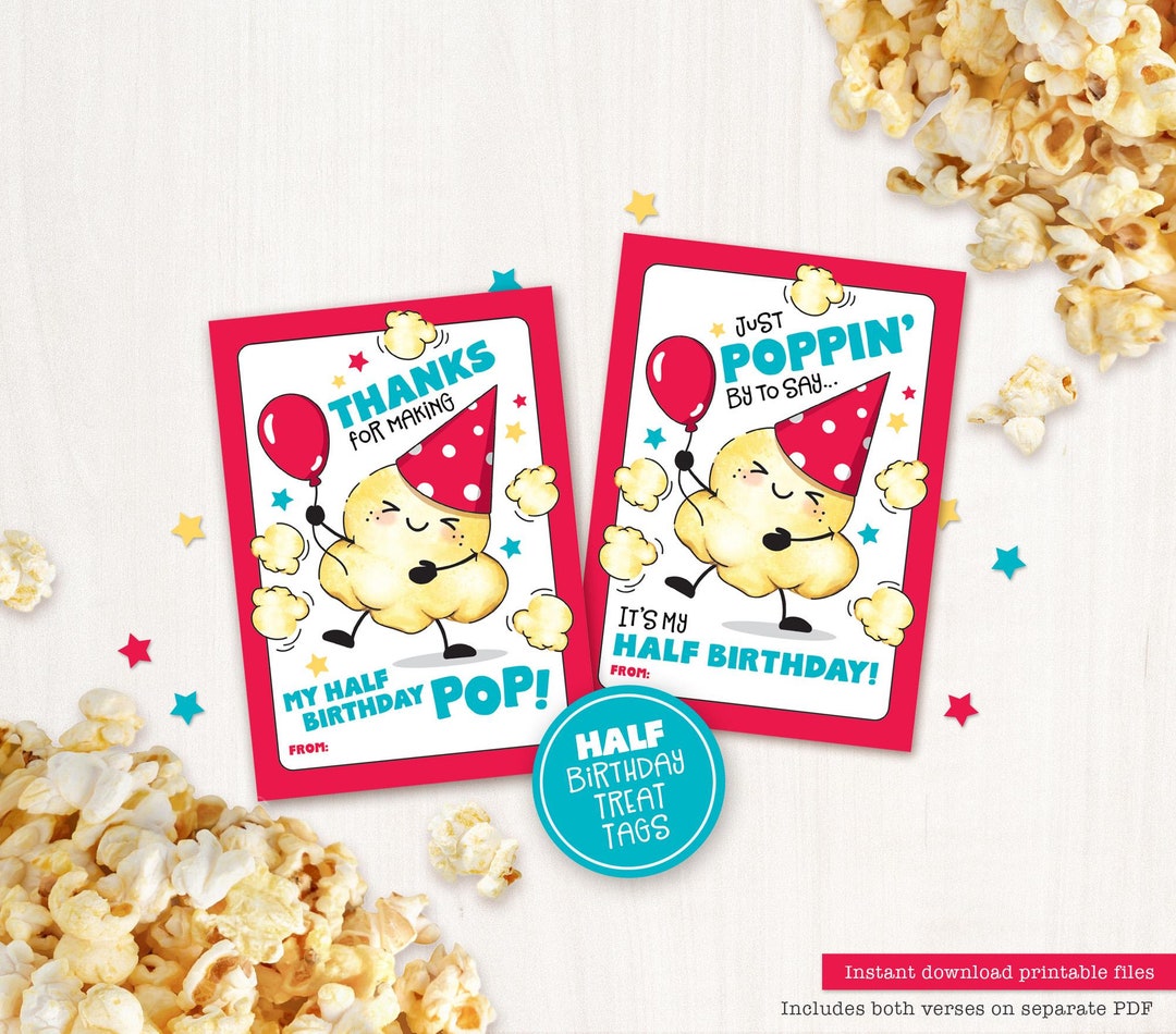 Printable HALF Birthday Popcorn Tag Classroom Snack School Party ...