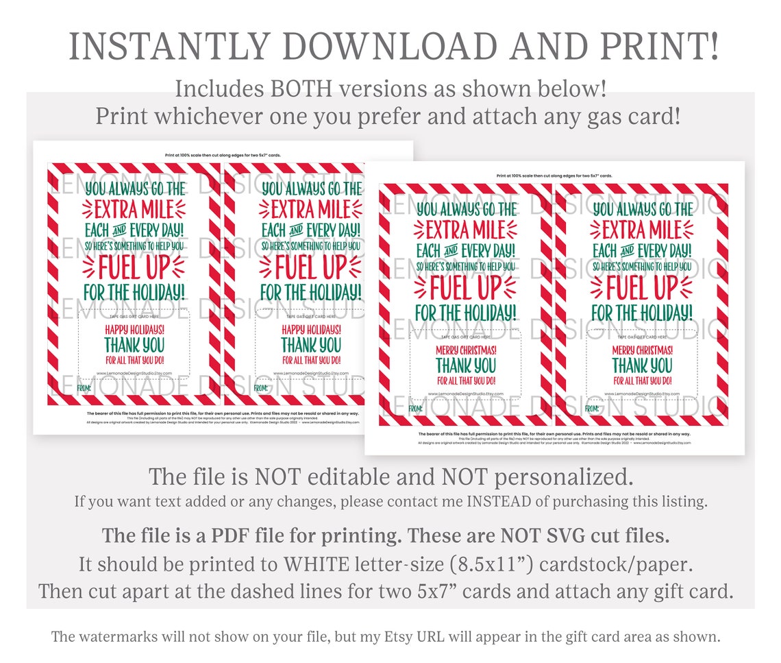 PRINTABLE Gas Gift Card Holder Christmas Gift for Teacher Thank You ...