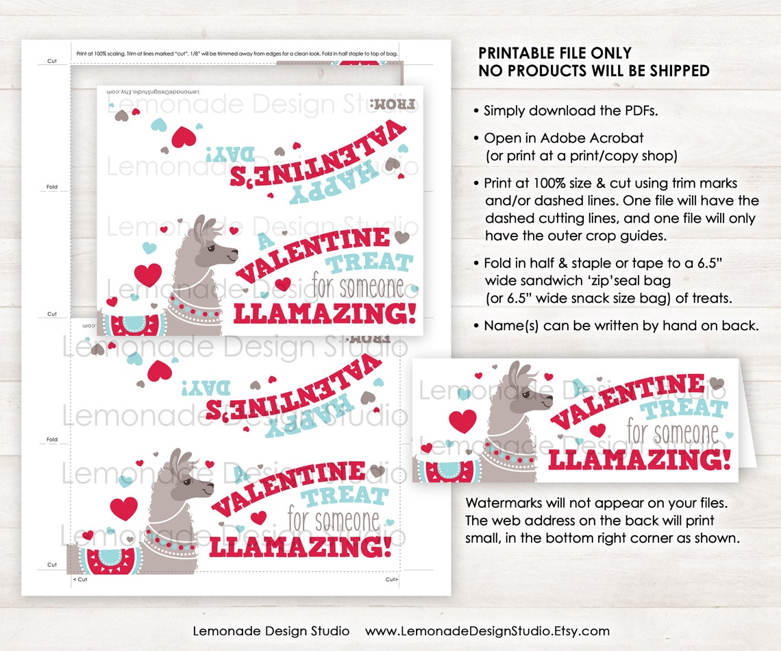 PRINTABLE Kids Valentines Printable Valentine Treat Bag Toppers Llama ...