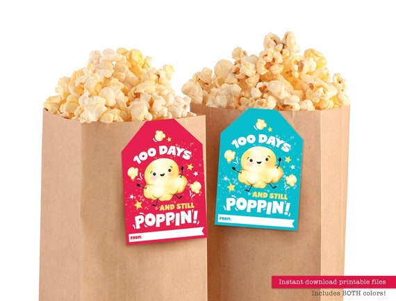 100 Days of School Printable Tag Popcorn Tag Classroom Snack Tag Gift ...