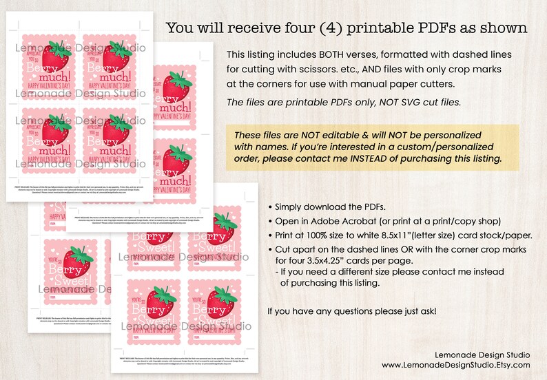 PRINTABLE Strawberry Valentine's Day Cards for Students or Teachers ...