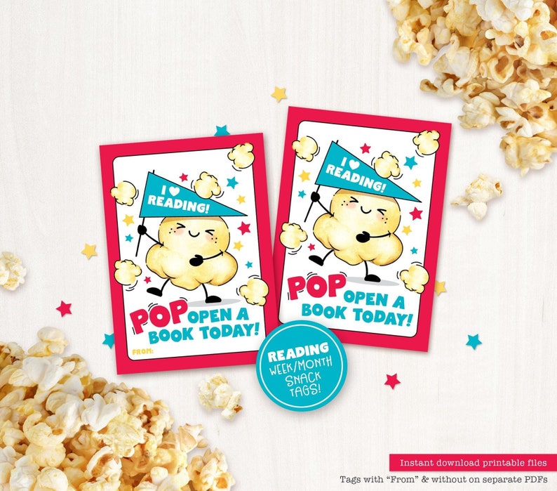 Printable National Library Week Popcorn Tag Reading Snack Tags Pop Open ...
