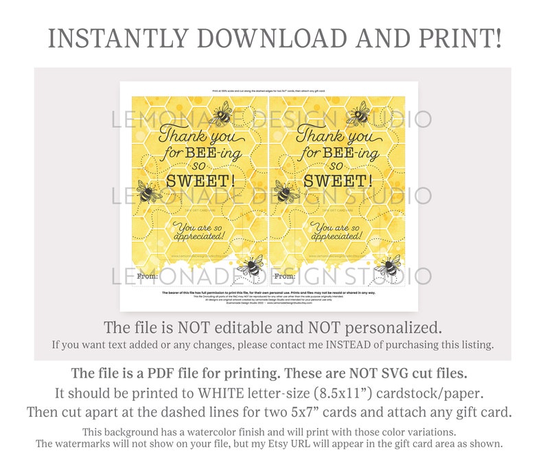 PRINTABLE Gift Card Holder Friend Thank You Gift Beeing Bee - Etsy