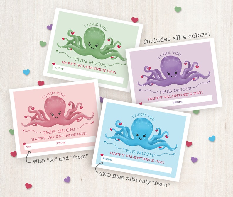 PRINTABLE Cute Valentine's Cards for Kids Octopus | Etsy