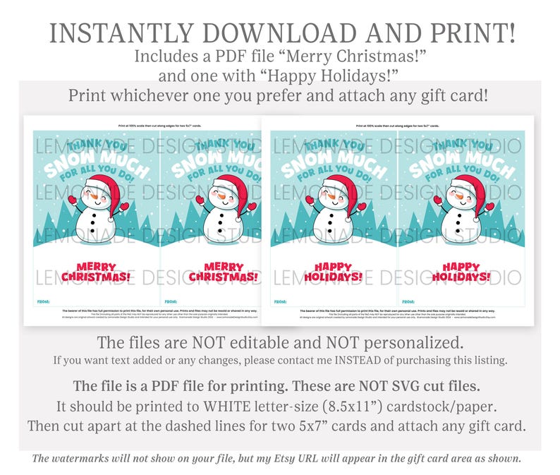 PRINTABLE Holiday Gift Card Holder Thank You Snow Much Christmas Gift ...