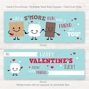 Valentine Treat Bag Toppers PRINTABLE Smores Valentine Cards for Kids ...