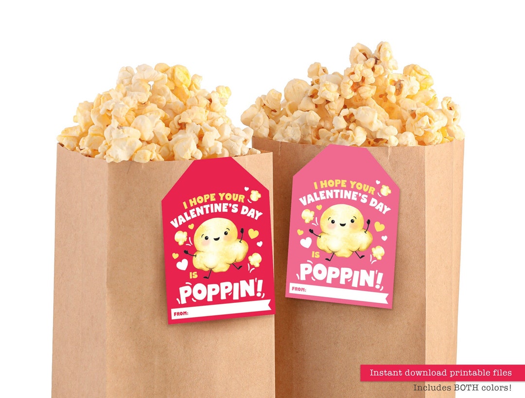 Kids Valentines Cards Popcorn Valentine Snack Tags Printable Valentines ...