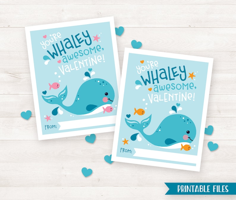 PRINTABLE Valentine Cards Kids Whale Valentines Classroom | Etsy