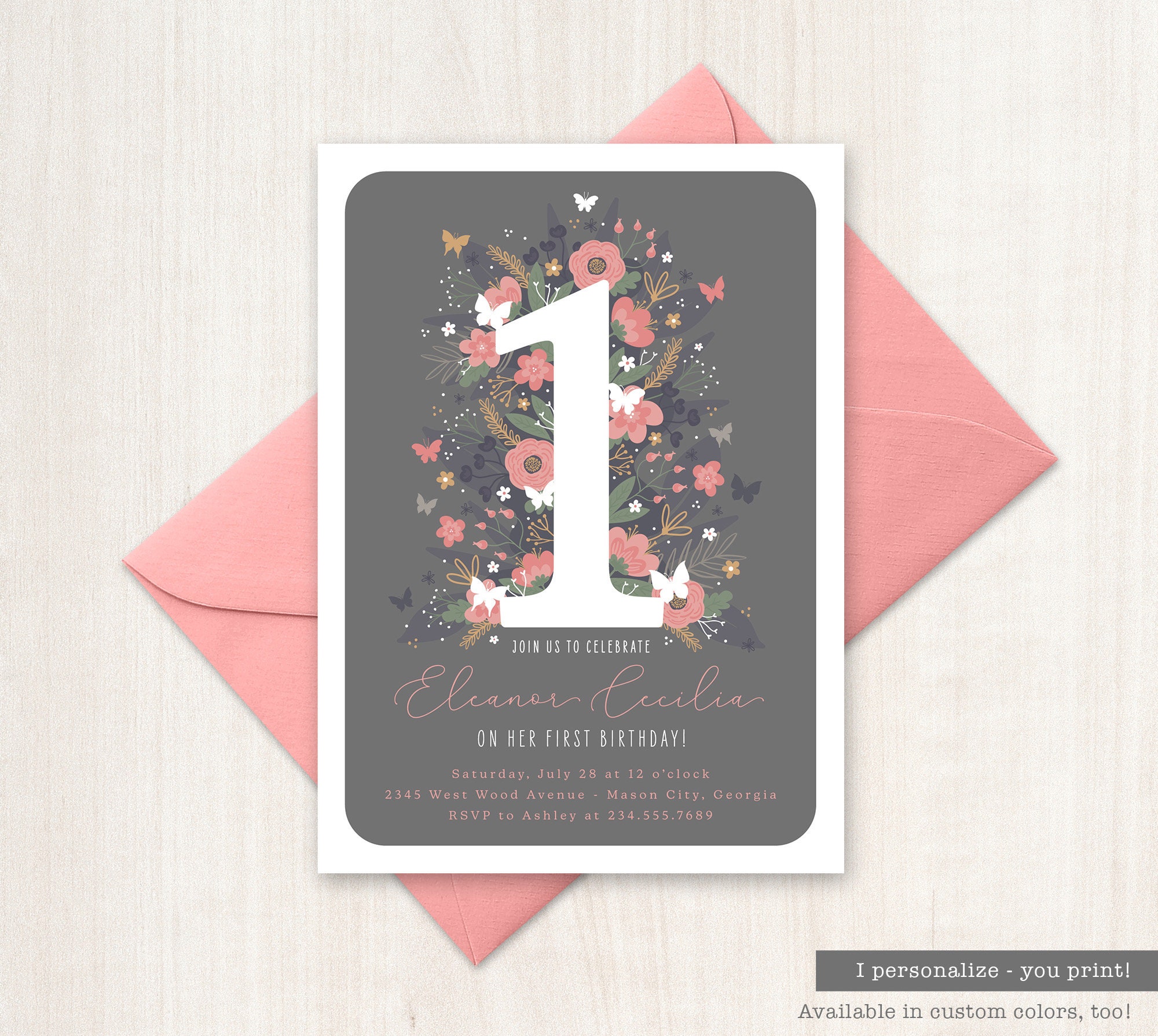 Butterfly Birthday Invitation First Birthday Invitation Girl | Etsy
