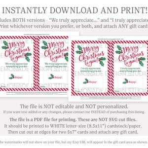 PRINTABLE Christmas Gift Card Holder Holiday Gift for Teacher Thank You ...