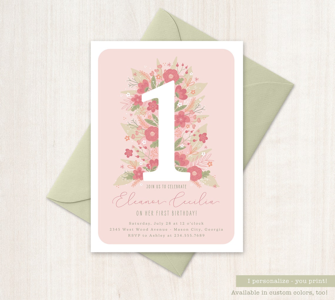 Printable Pink First Birthday Invitation Girl Birthday Invite Garden ...