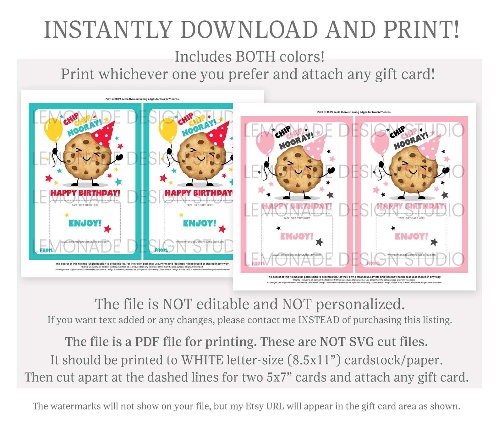 PRINTABLE Cookie Gift Card Holder for Bakery Gift Card Chip Chip Hooray ...