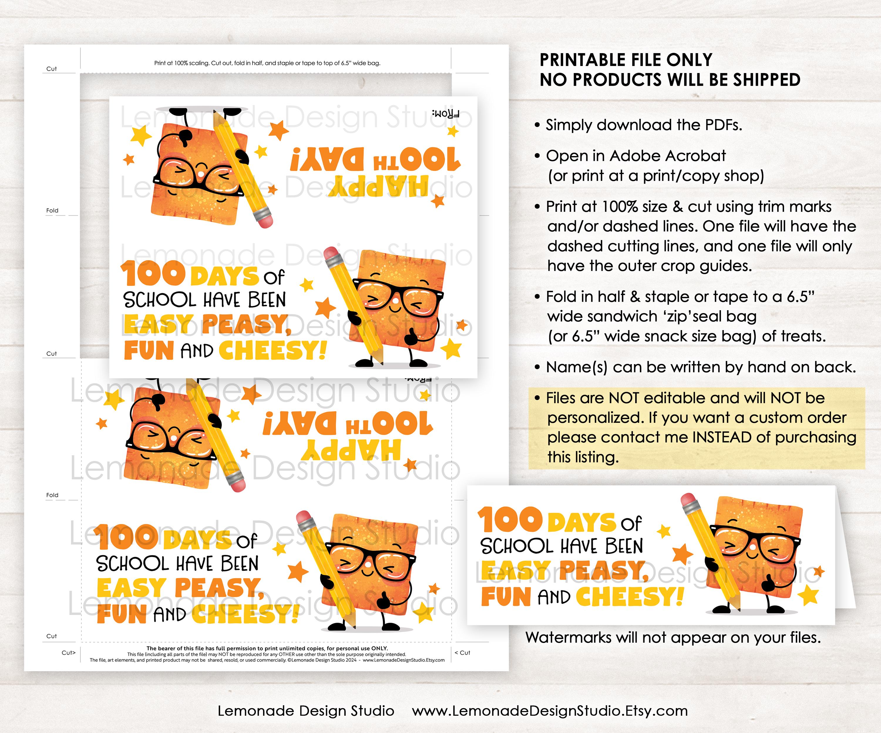 Printable 100th Day of School Tags for Students Cheese Crackers Snack ...