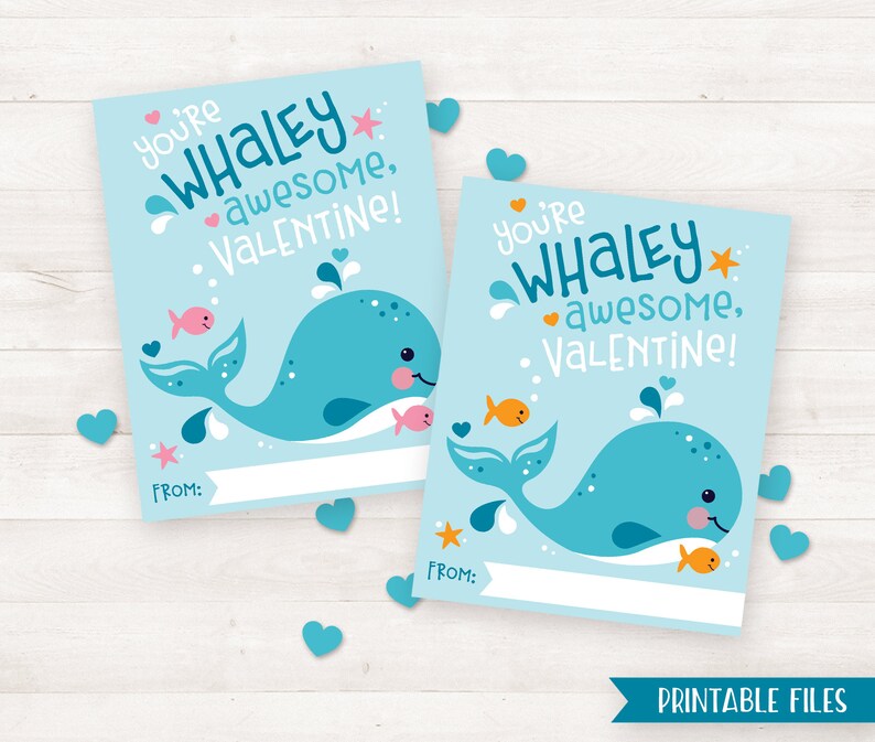 PRINTABLE Valentine Cards Kids Whale Valentines Classroom | Etsy