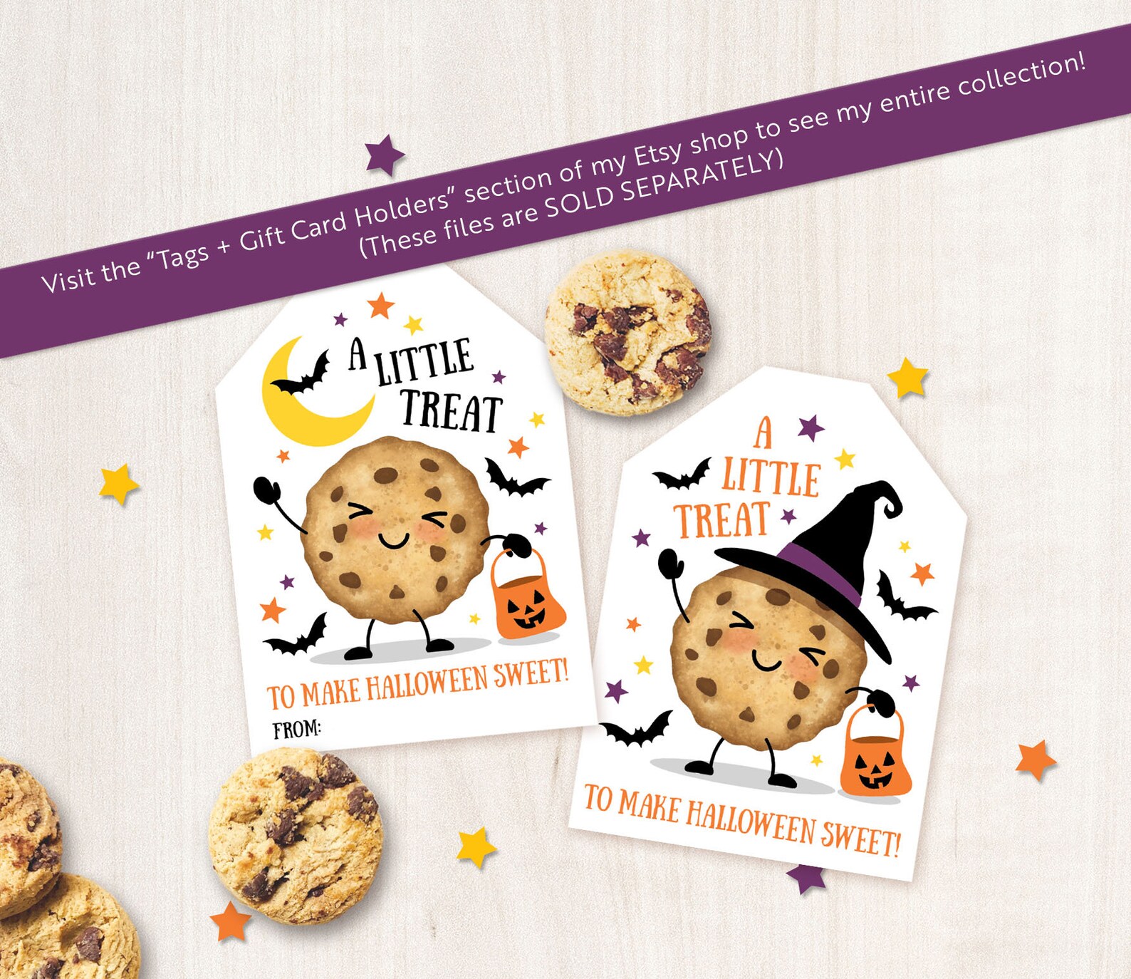 Printable Halloween Tags Trick or Treat Bag Chocolate Chip Cookie Tags ...